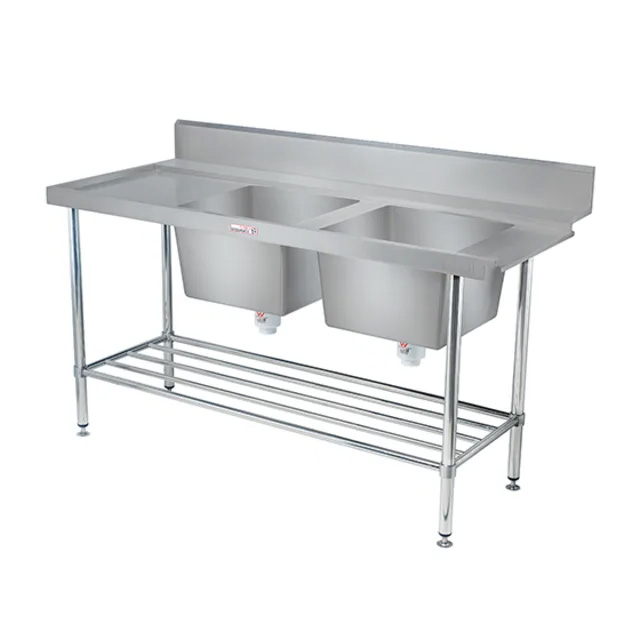 STAINLESS STEEL INLET/OUTLET BENCH WITH DOUBLE SINK & SPLASHBACK - LEFT ...